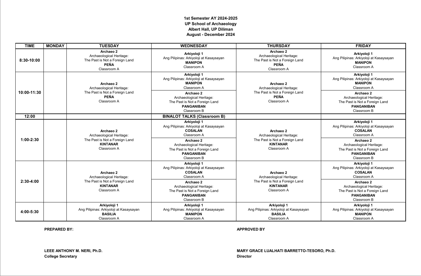 Class Schedule (Undergraduate) | School of Archaeology